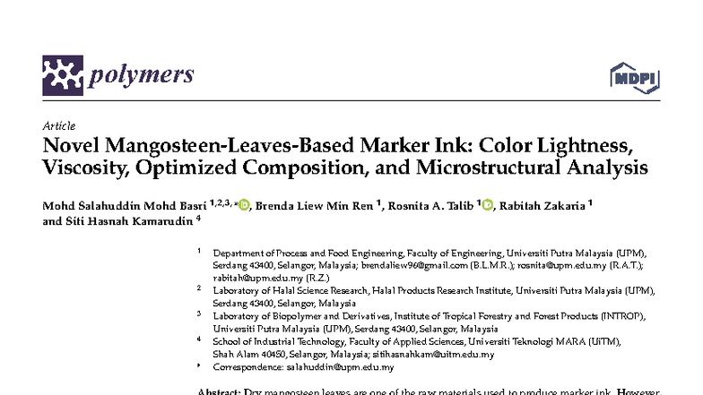 Novel Marker Ink Formulation: Color Lightness, Viscosity & RSM Analysis (POLY - Studocu