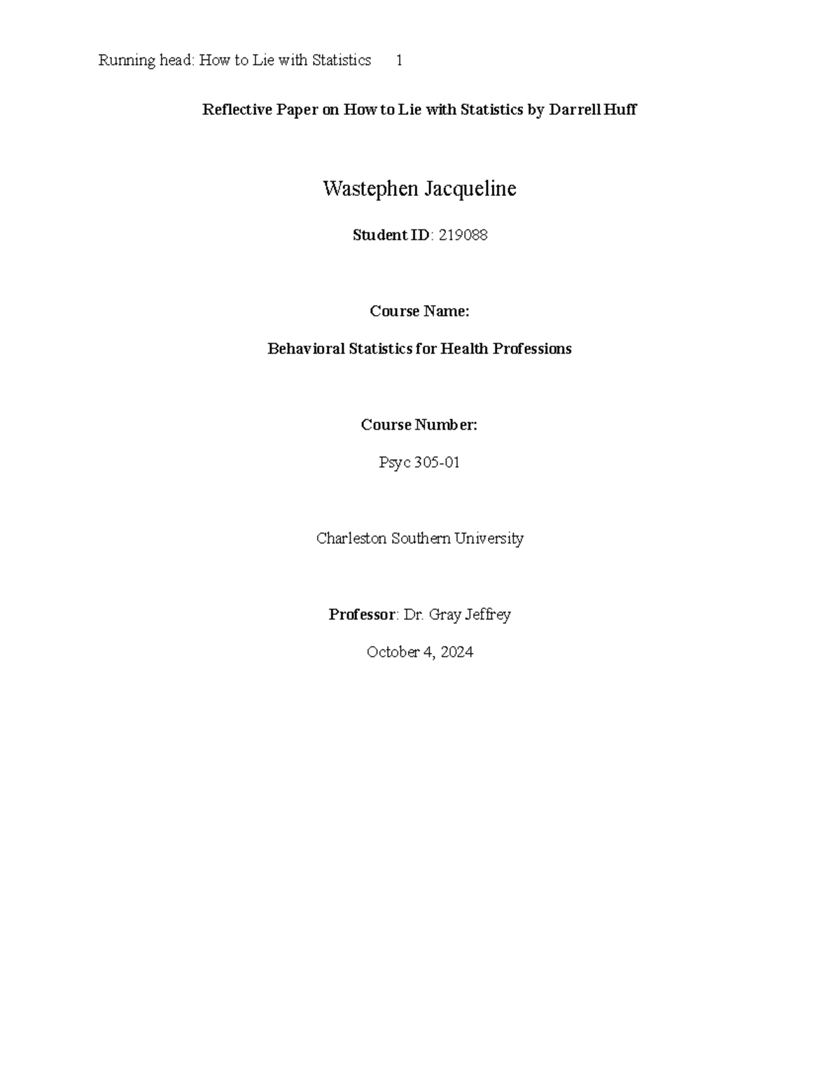 Psyc Reflective Paper: Insights from "How to Lie with Statistics" - Studocu