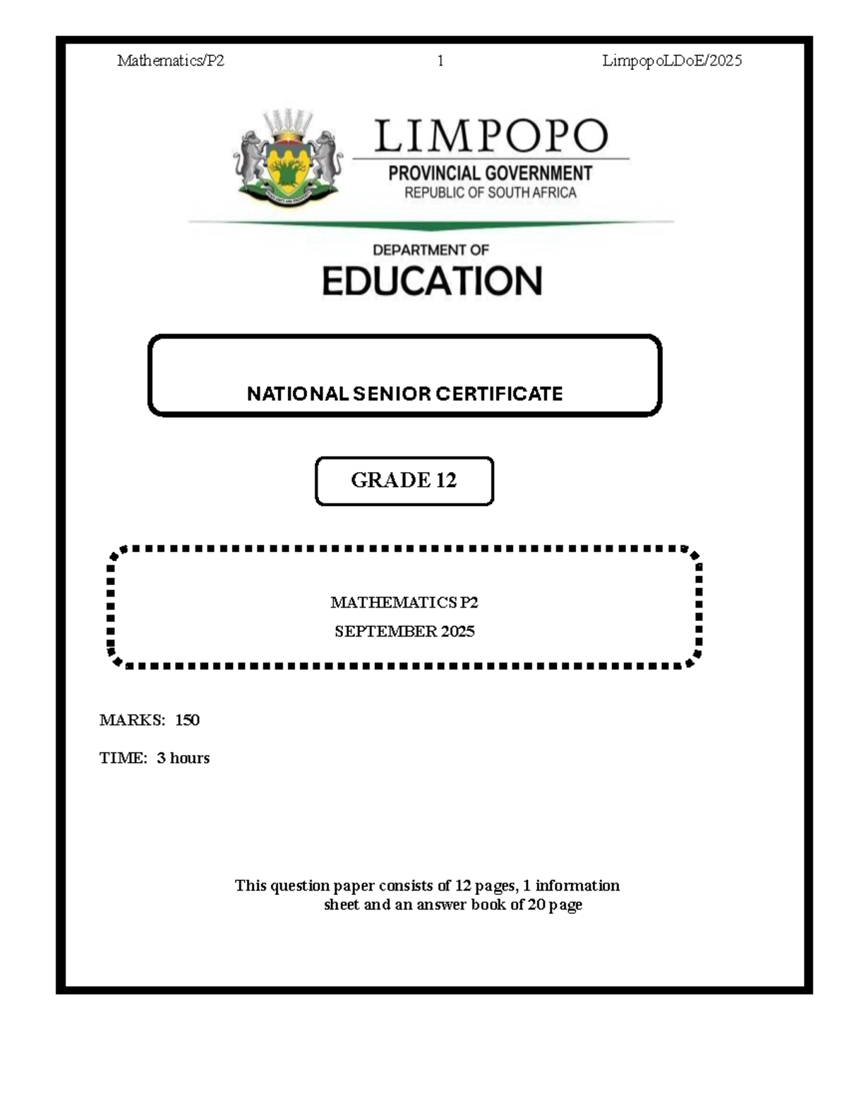 Mathematics P2 Grade 12 Limpopo September 2025 Exam Paper - Studocu