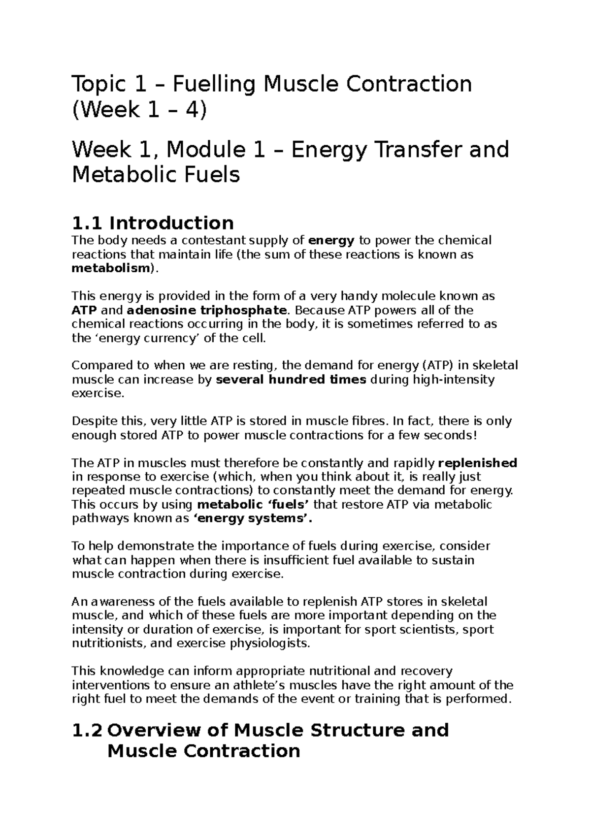 Energy Transfer & Metabolic Fuels for Muscle Contraction (Weeks 1-4 ...