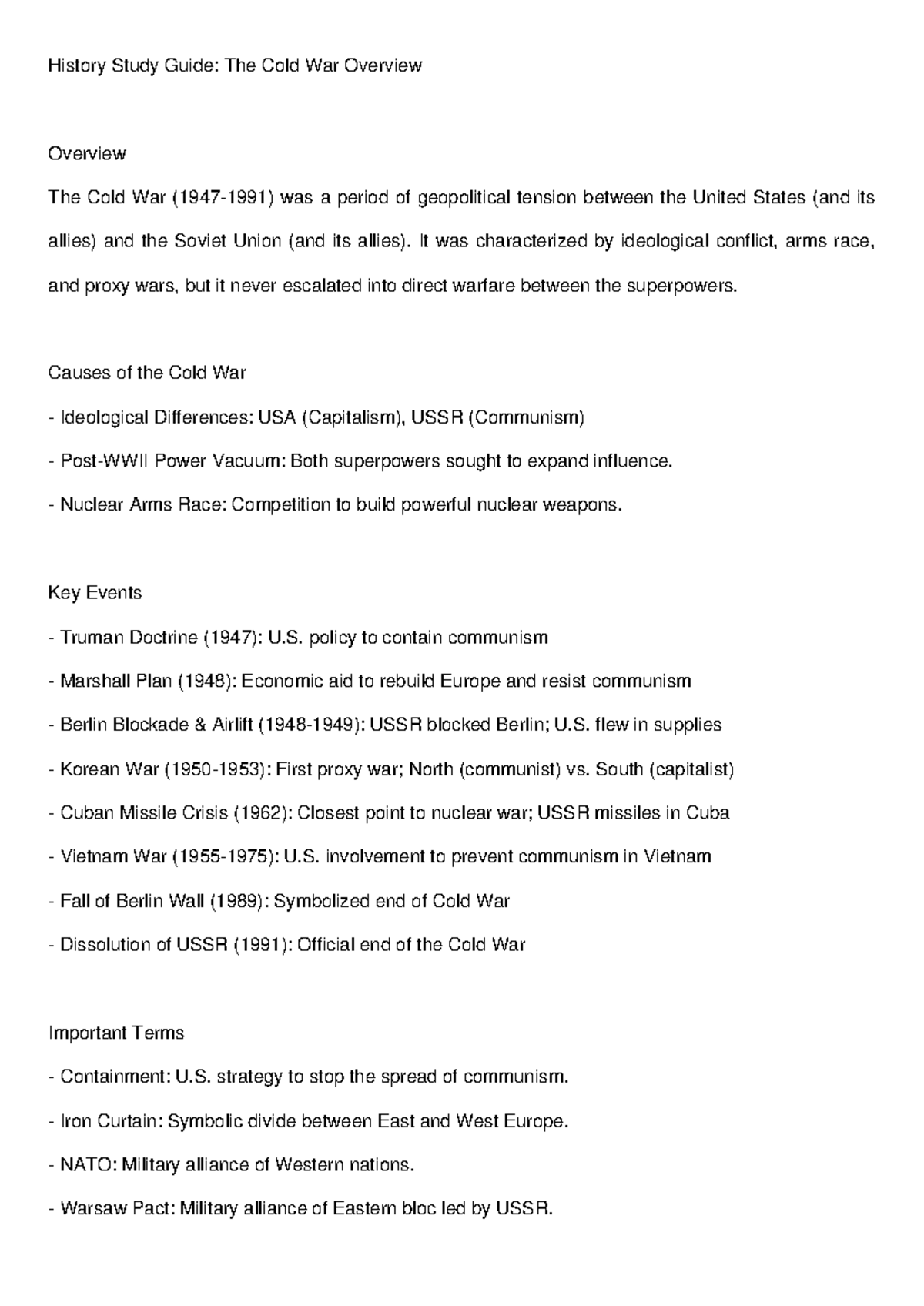 HIST 101: Cold War Study Guide Overview and Key Events - Studocu