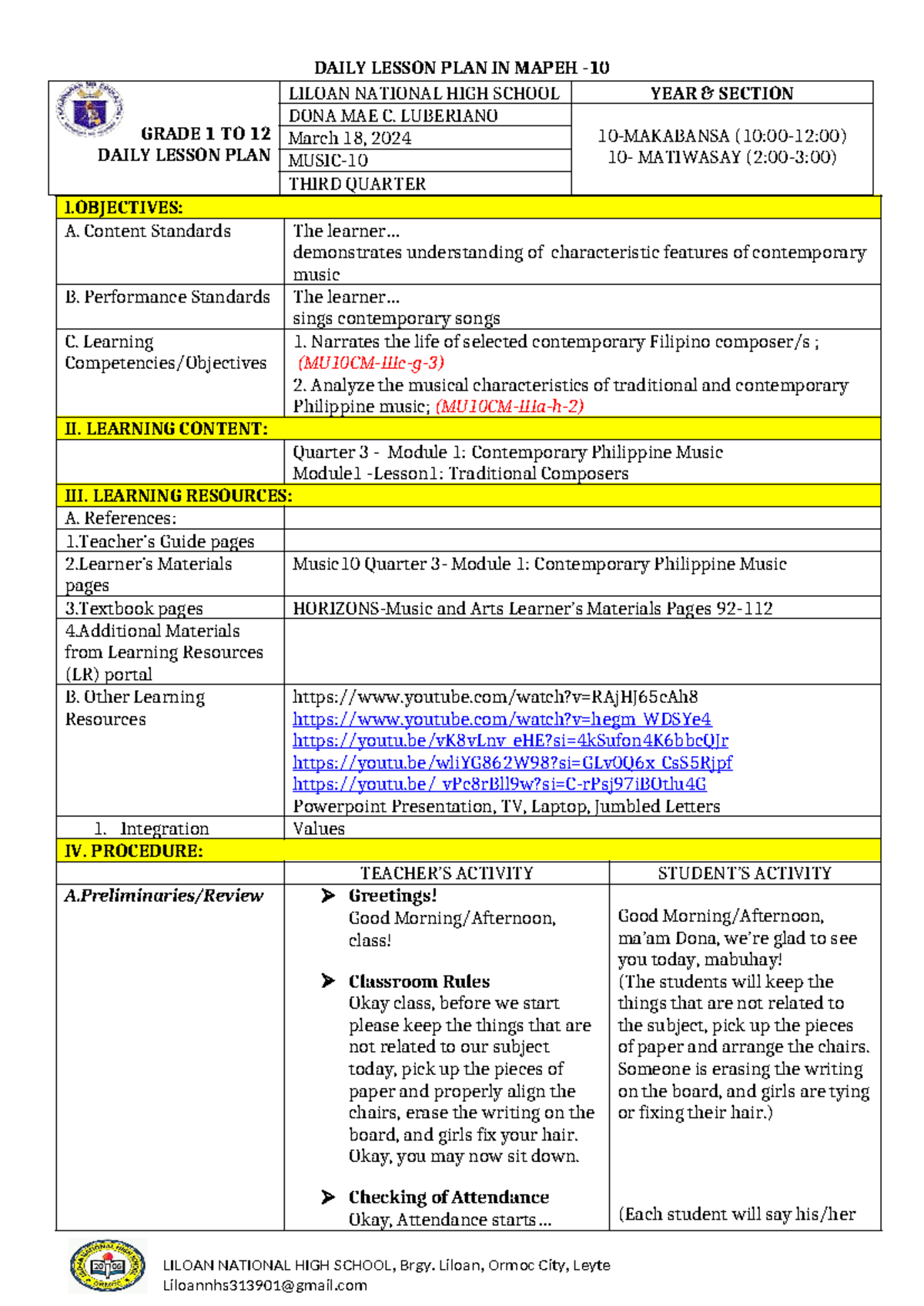 Daily Lesson Plan for Music10: Contemporary & Traditional Composers ...