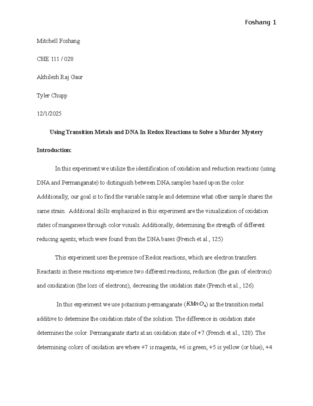 CHE 028 Experiment 8 Lab Report: Redox Reactions in a Murder Mystery ...