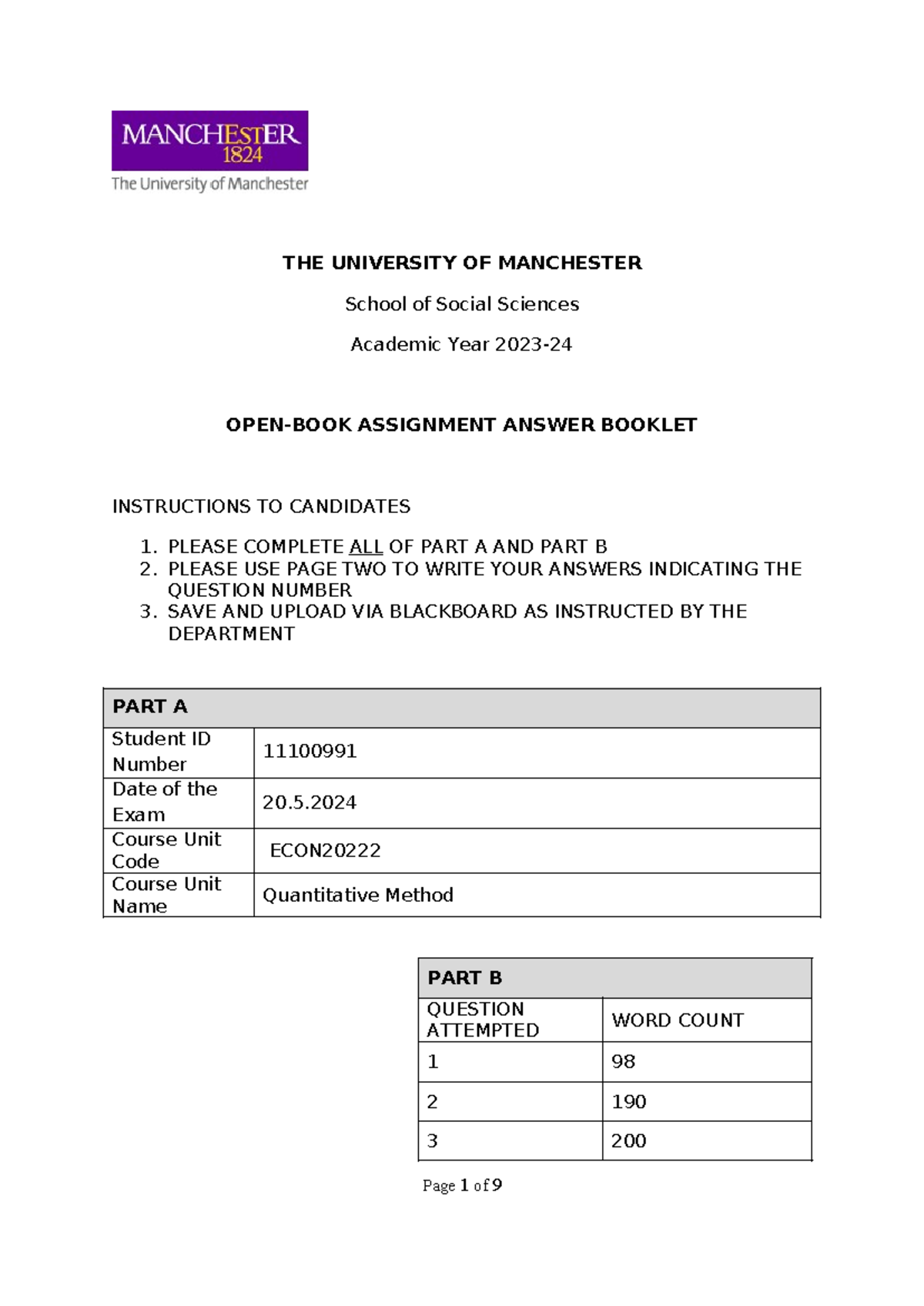 Open-Book Exam Answer Booklet for ECON Quantitative Methods 2023 - Studocu