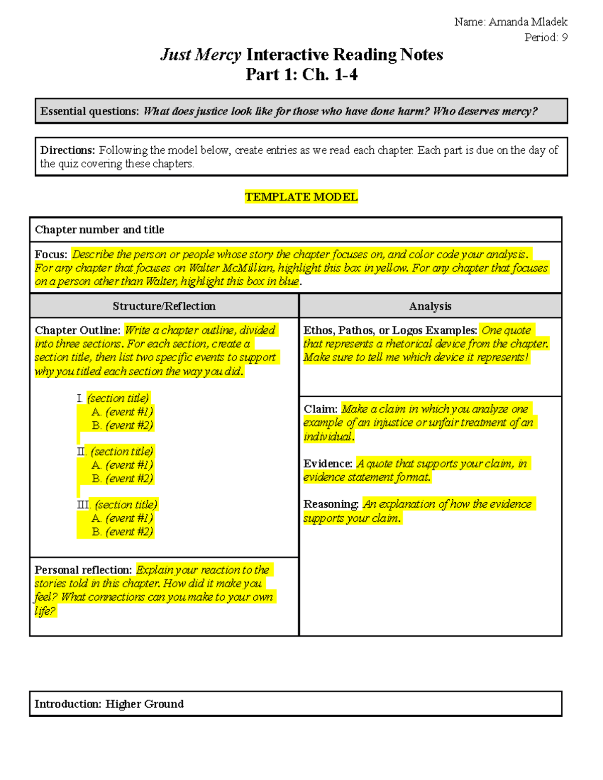 Intro-CH 4 Reading Notes (H.E10 student copy) - Name: Amanda Mladek ...