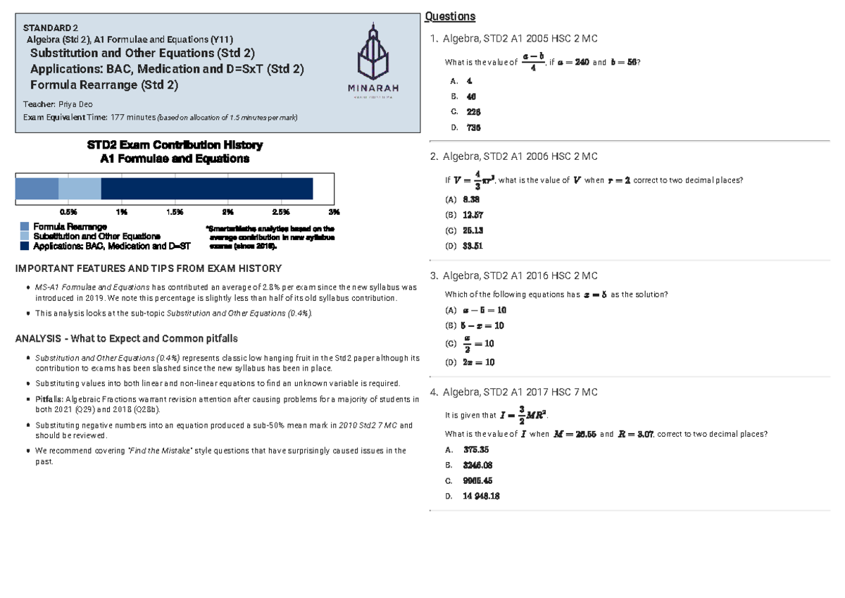 Algebra (STD2 A1) Formulae & Equations Study Guide - Studocu