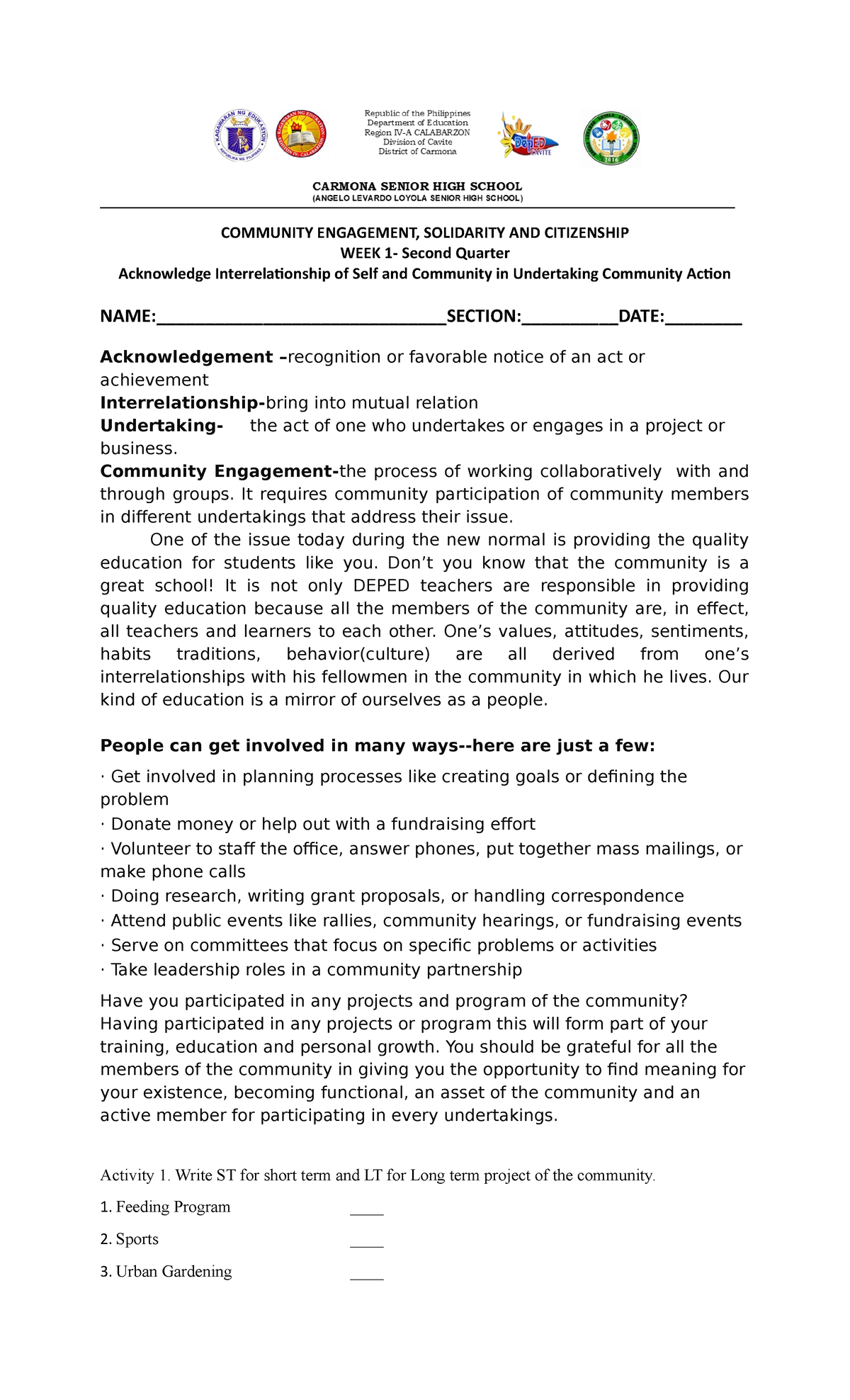 Community Engagement 2NDQ WEEK17 - COMMUNITY ENGAGEMENT, SOLIDARITY AND ...