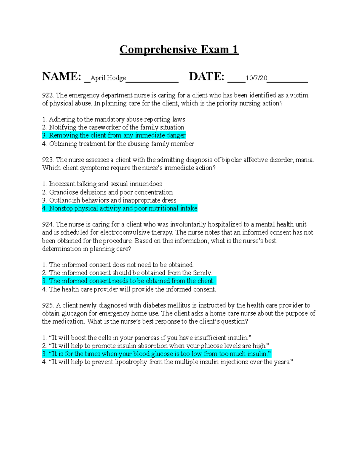 Comprehensive Exam 1 - review quiz - Comprehensive Exam 1 NAME: _ April ...