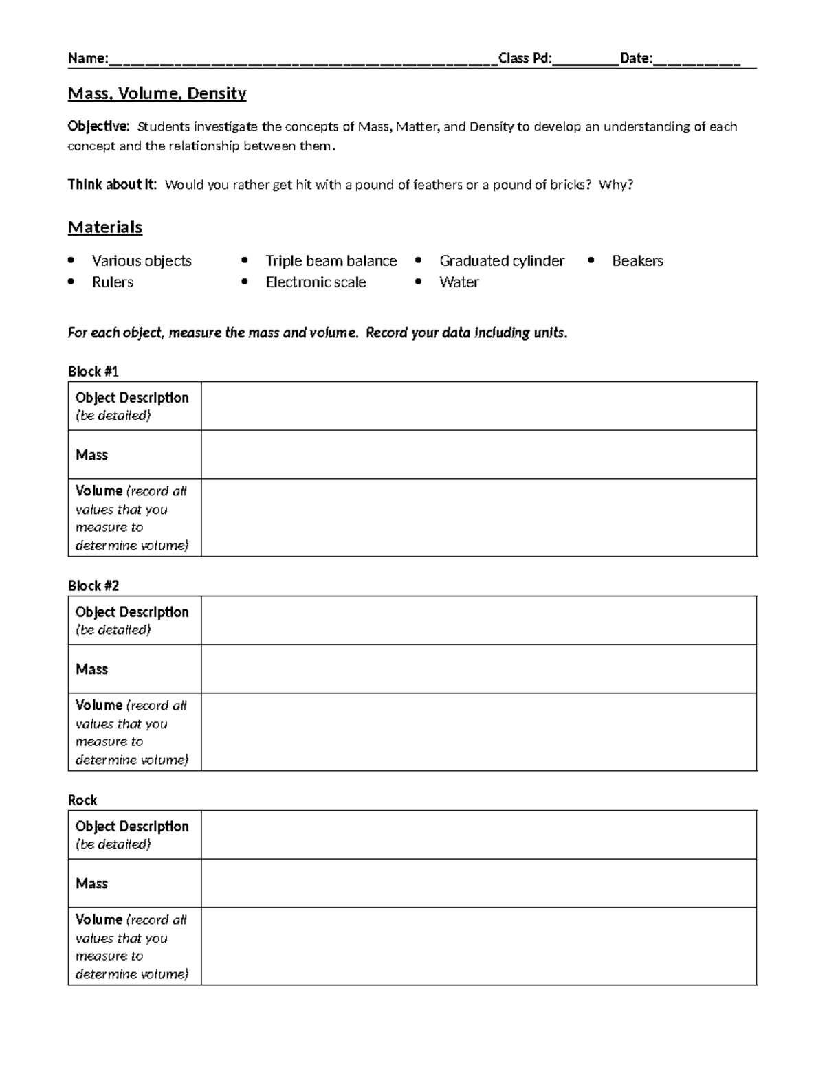 Exploring Mass, Volume, and Density: A Lab Exercise - Studocu