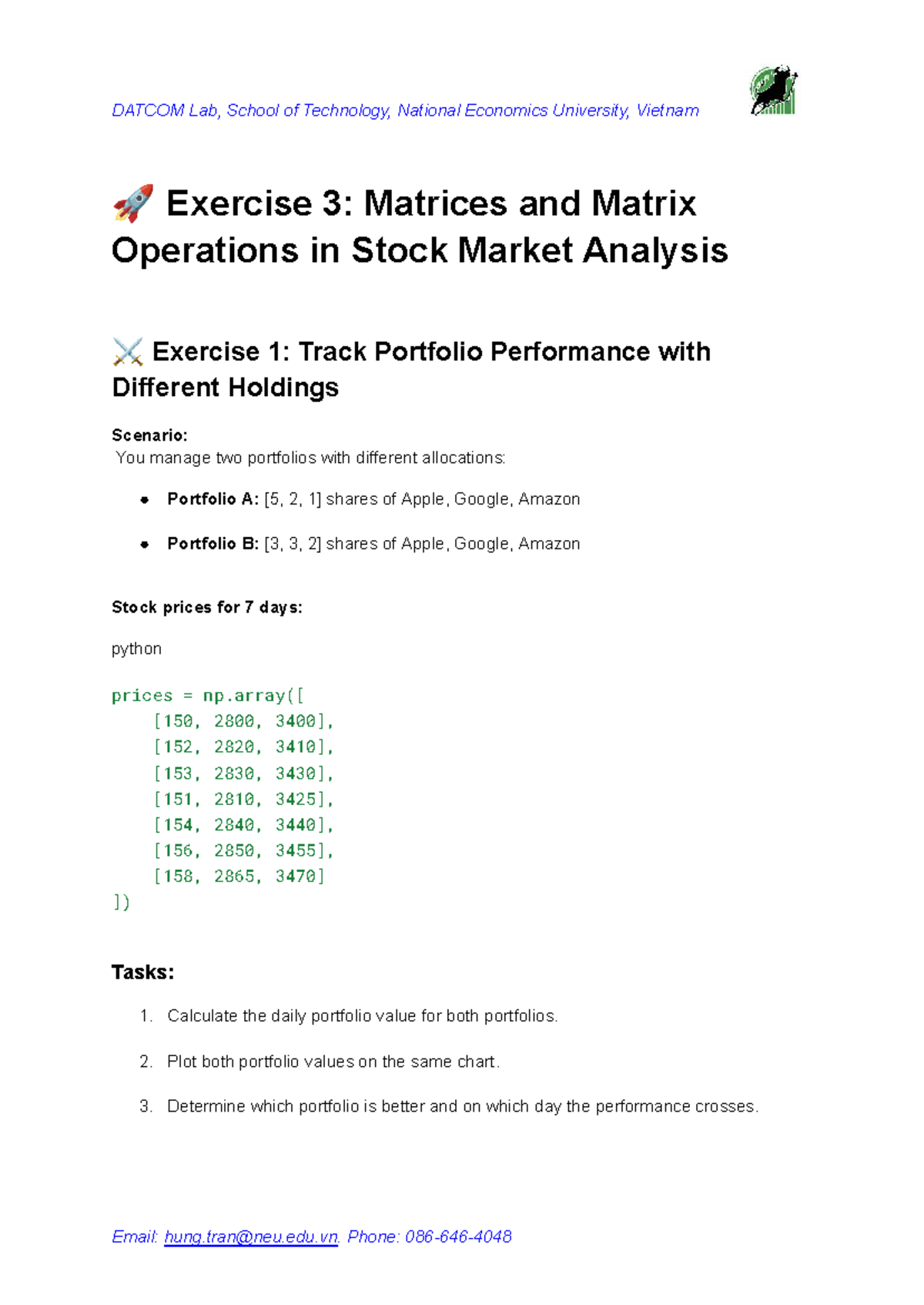 DATCOM Lab: Python Exercise 3 - Matrices in Stock Market Analysis - Studocu