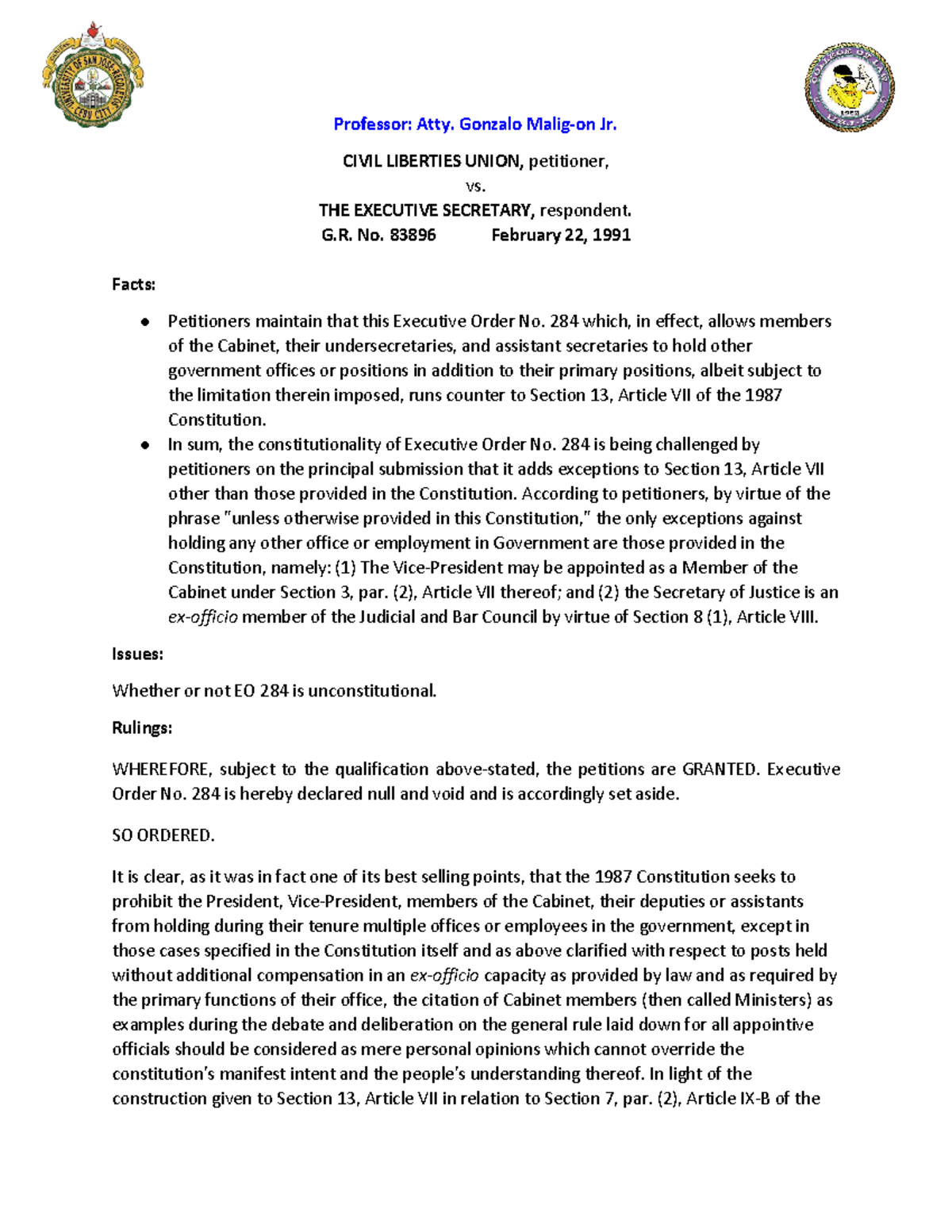 Civil Liberties Union vs. Exec. Sec. G.R. No. 83896 Case Summary - Studocu