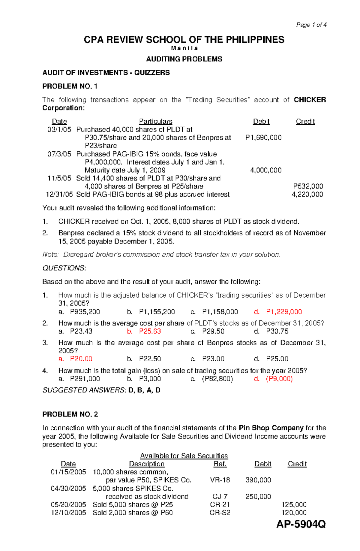 CPAR - Auditing Problems on Investments 3: Quiz Solutions - Studocu
