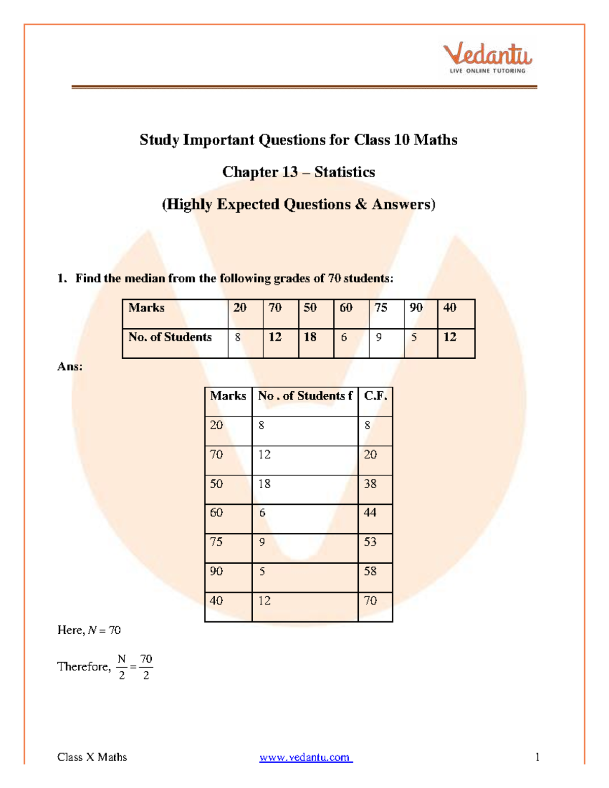 Statistics Important Questions for Class 10 Maths (Chapter 13) - Studocu