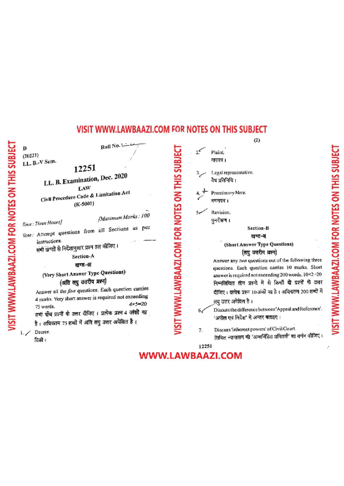CPC 2020 Exam QP - Civil Procedure Code Notes for LL.B. - Studocu