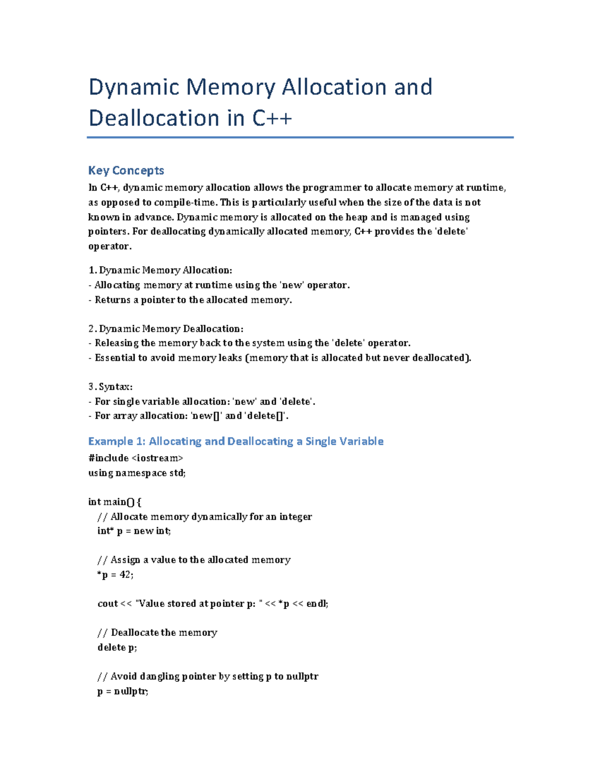Dynamic Memory Allocation & Deallocation in CPP: Key Concepts - Studocu