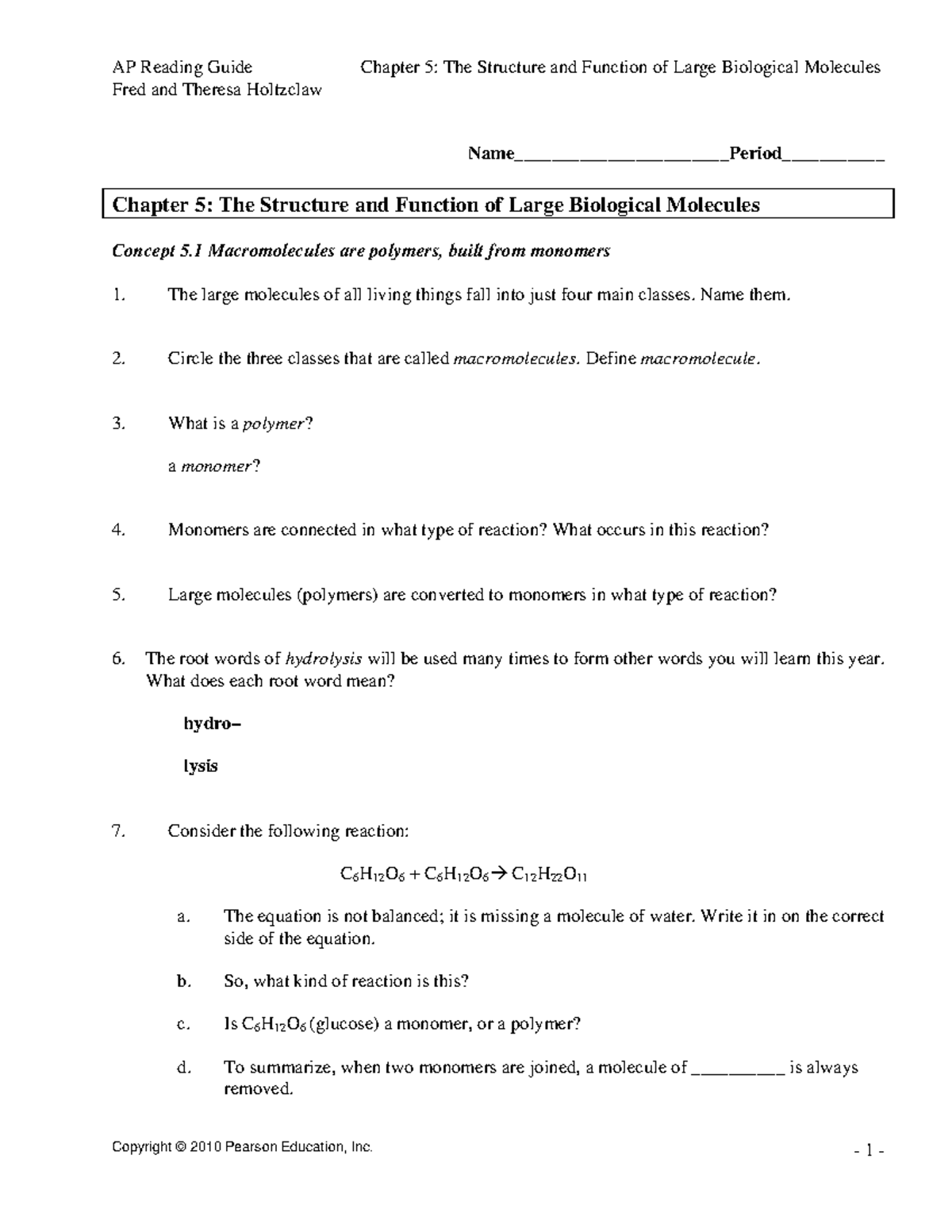 AP Reading Guide: Chapter 5 - Structure & Function of Macromolecules ...