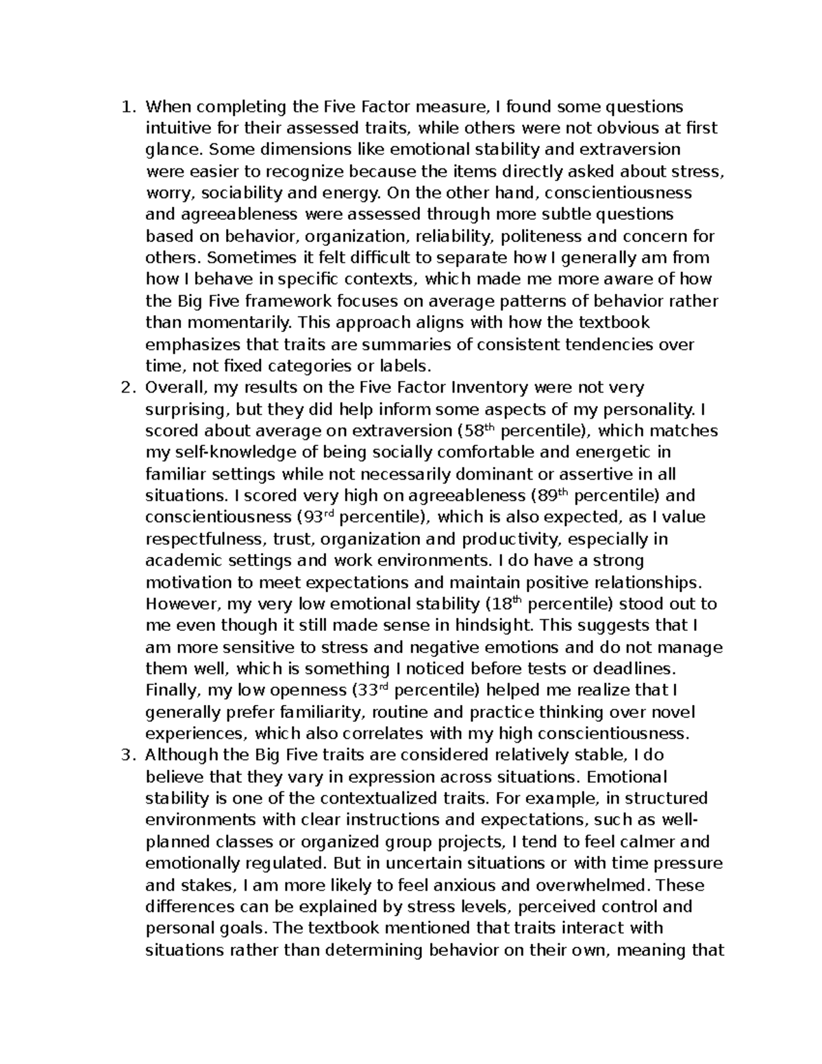 Weekly Reflection 1: Insights on the Five Factor Personality Measure ...