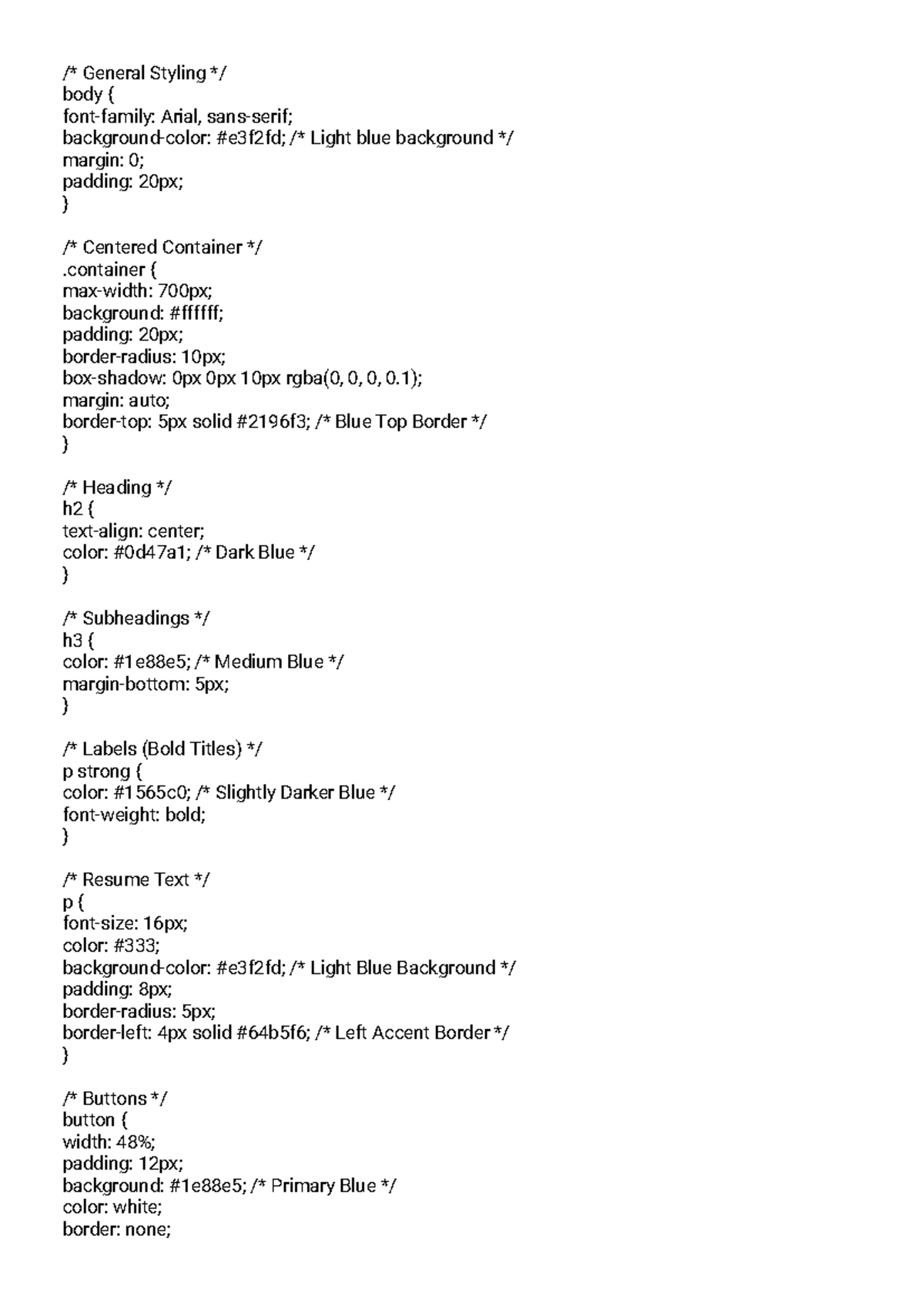 Preview - Imortant notes - /* General Styling / body { font-family ...