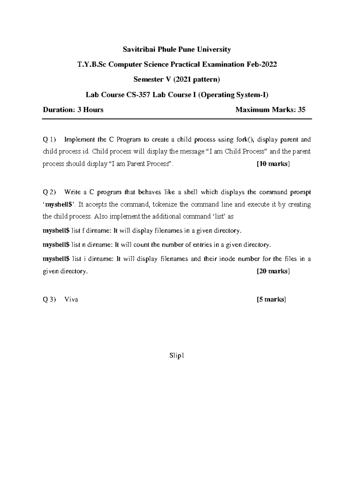 TY Lab-I CS-357 OS slip (Rev 2021-22) - T.Y.B Computer Science Practical Examination Feb ...