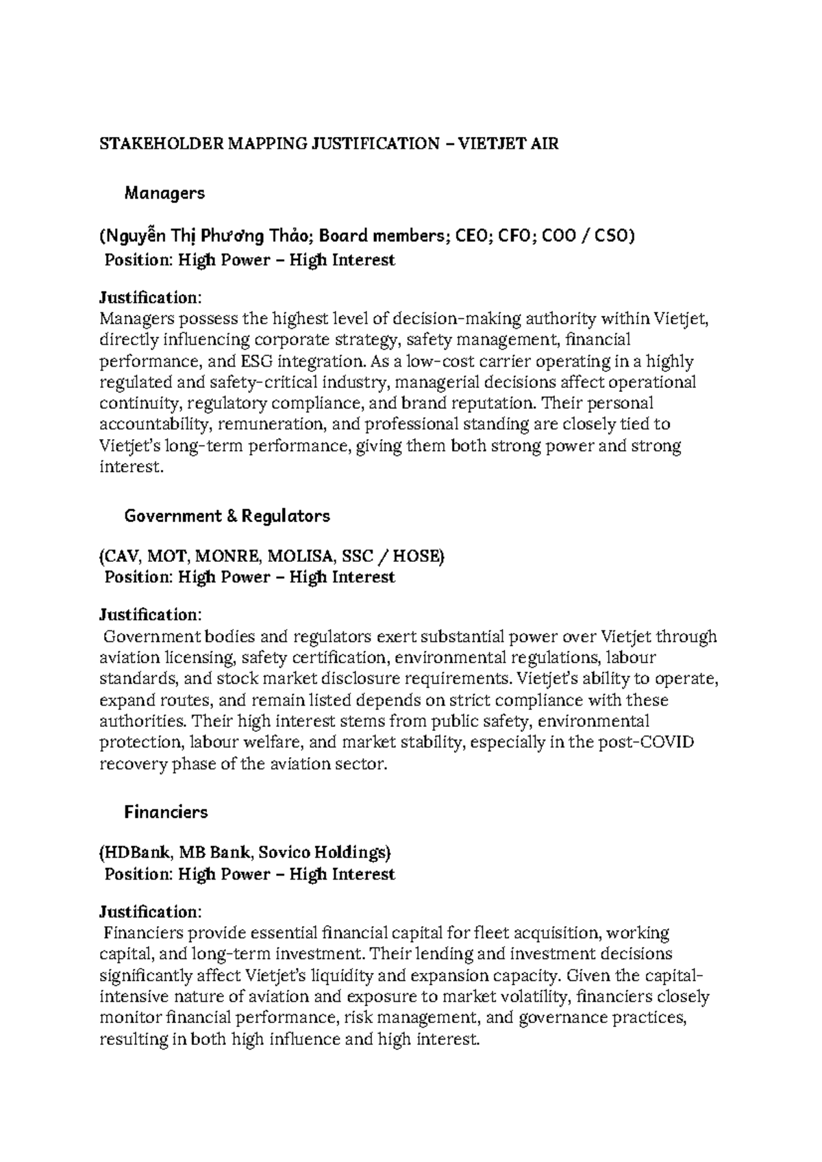 Stakeholder Analysis for Vietjet Air: Power-Interest Mapping - Studocu