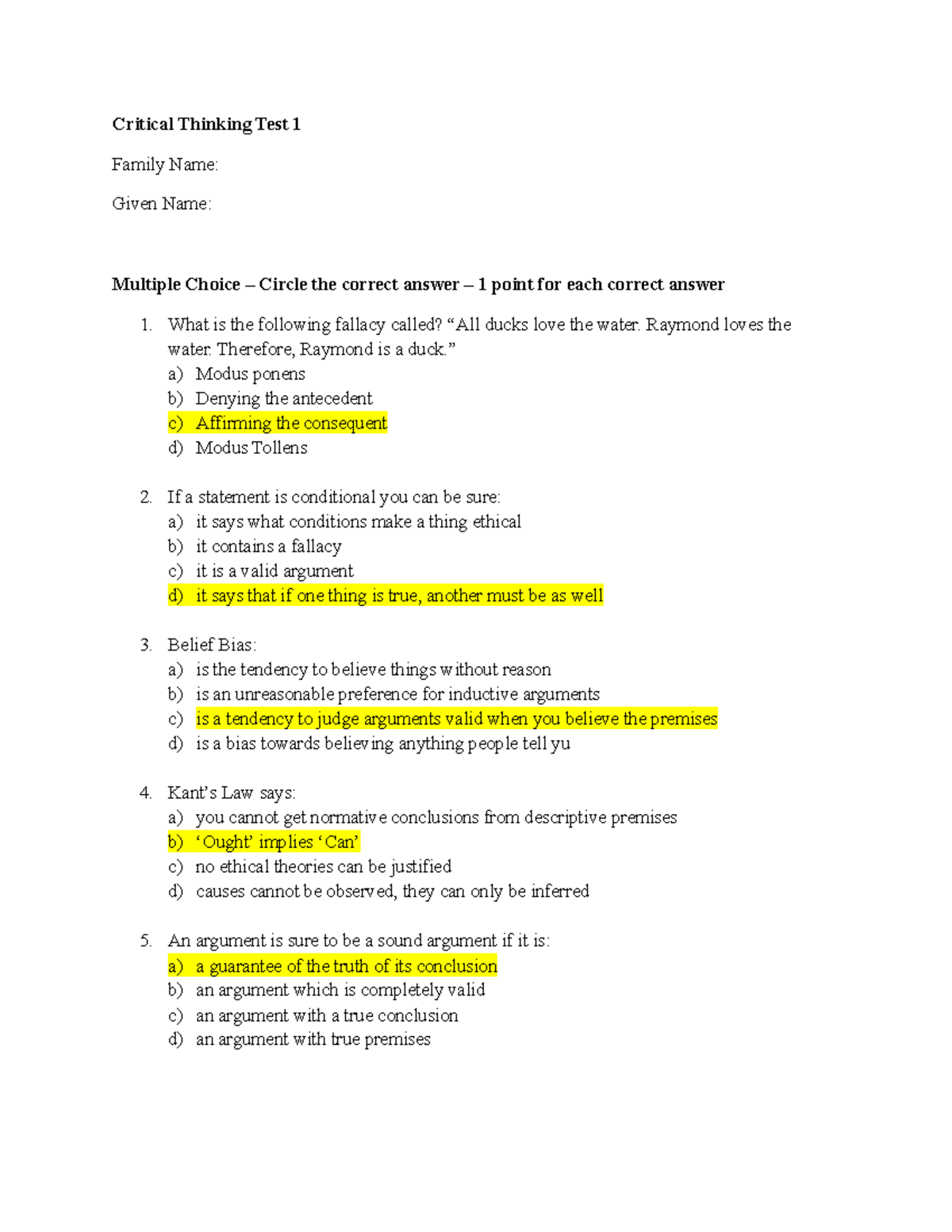 Critical Thinking Test 1 Answers & Key Concepts Explained - Studocu