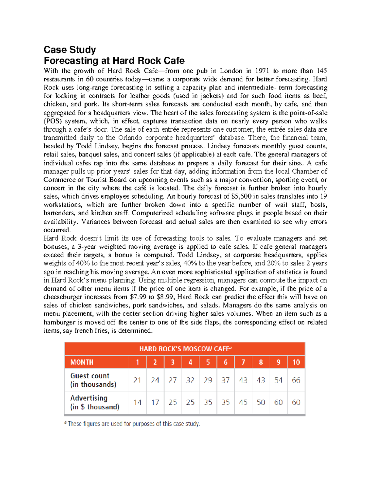 Hard Rock Cafe Forecasting Case Study 022: Applications & Analysis ...