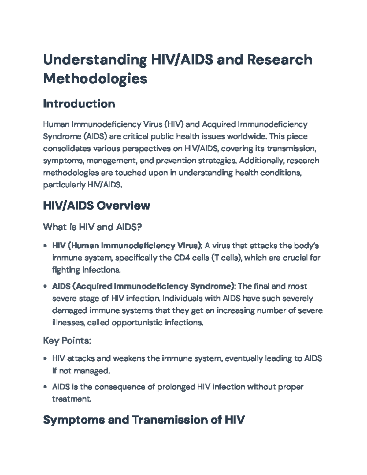 HIV/AIDS Comprehensive Overview and Research Methodologies ...