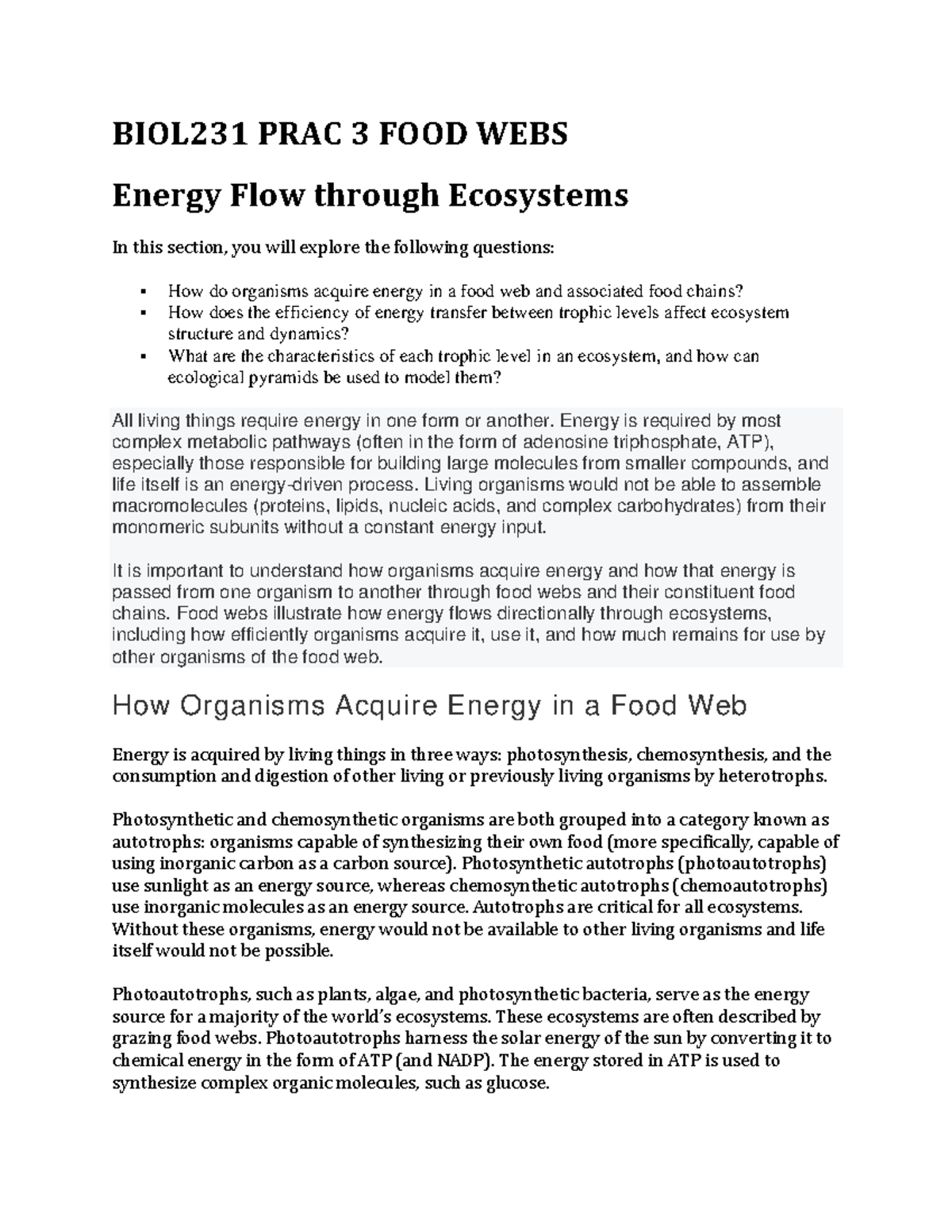 BIOL231 PRAC 3 FOOD WEBS: Energy Flow & Trophic Levels Analysis - Studocu