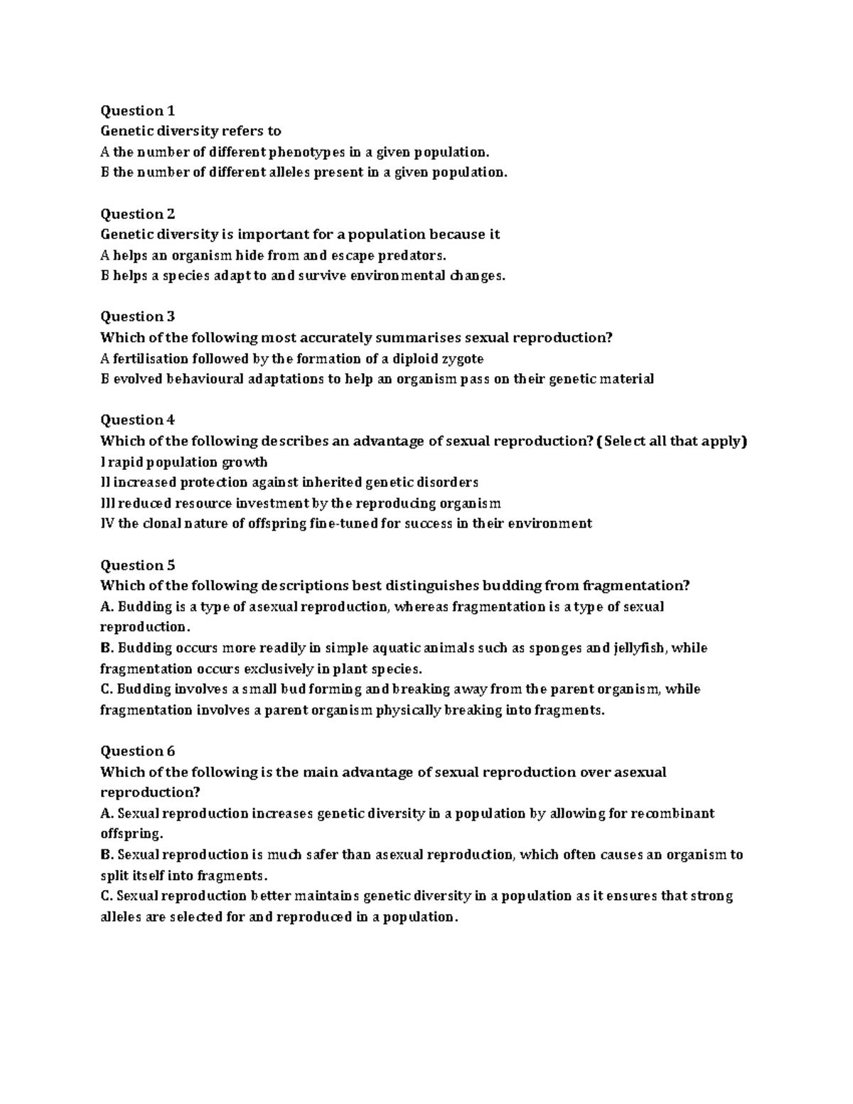 Practice SAC - Adaptations and Reproduction in Genetics - Studocu
