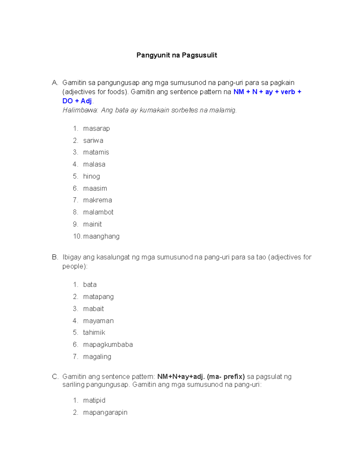 Pagsusulit sa Pang-uri at Pagsusuri ng mga Pagkain at Tao - Studocu