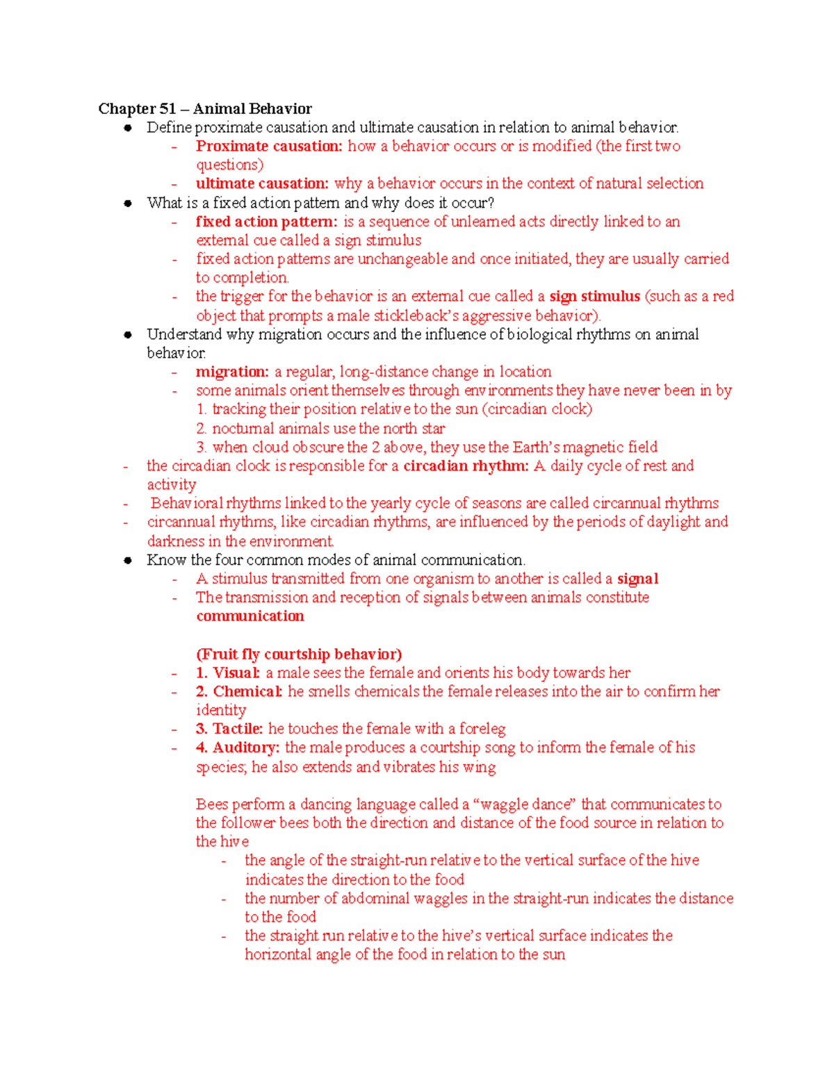 Chapter 51 - notes - Chapter 51 – Animal Behavior Define proximate ...