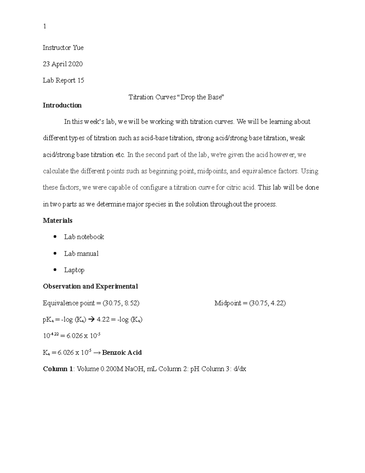 Lab Report 15: Titration Curves and Acid-Base Reactions Analysis - Studocu