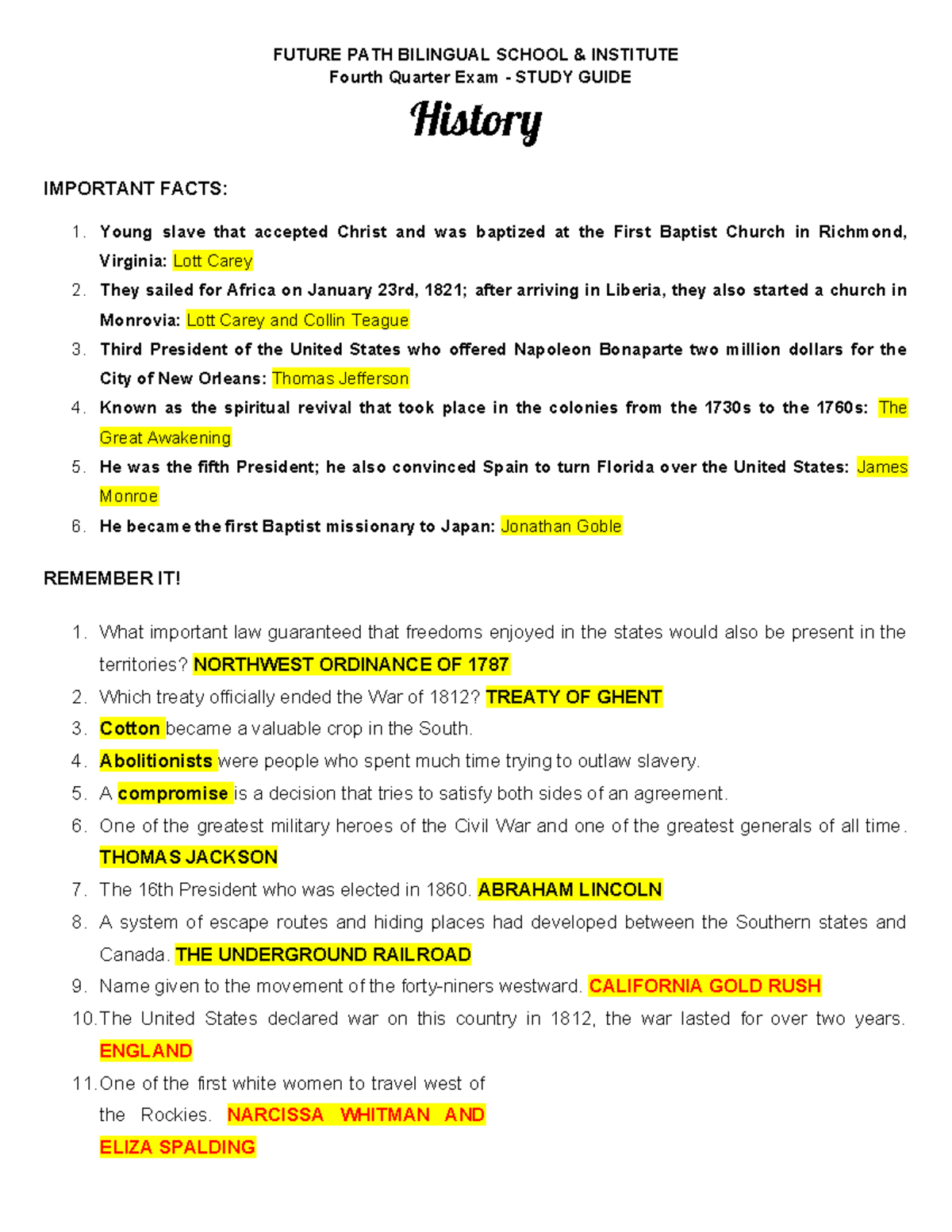 FUTURE PATH BILINGUAL SCHOOL INSTITUTE IV Quarter Exam Study Guide ...