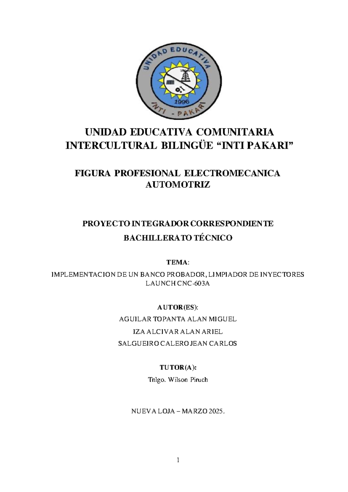 Proyecto Integrador UECIB: Implementación de Banco Limpiador de ...