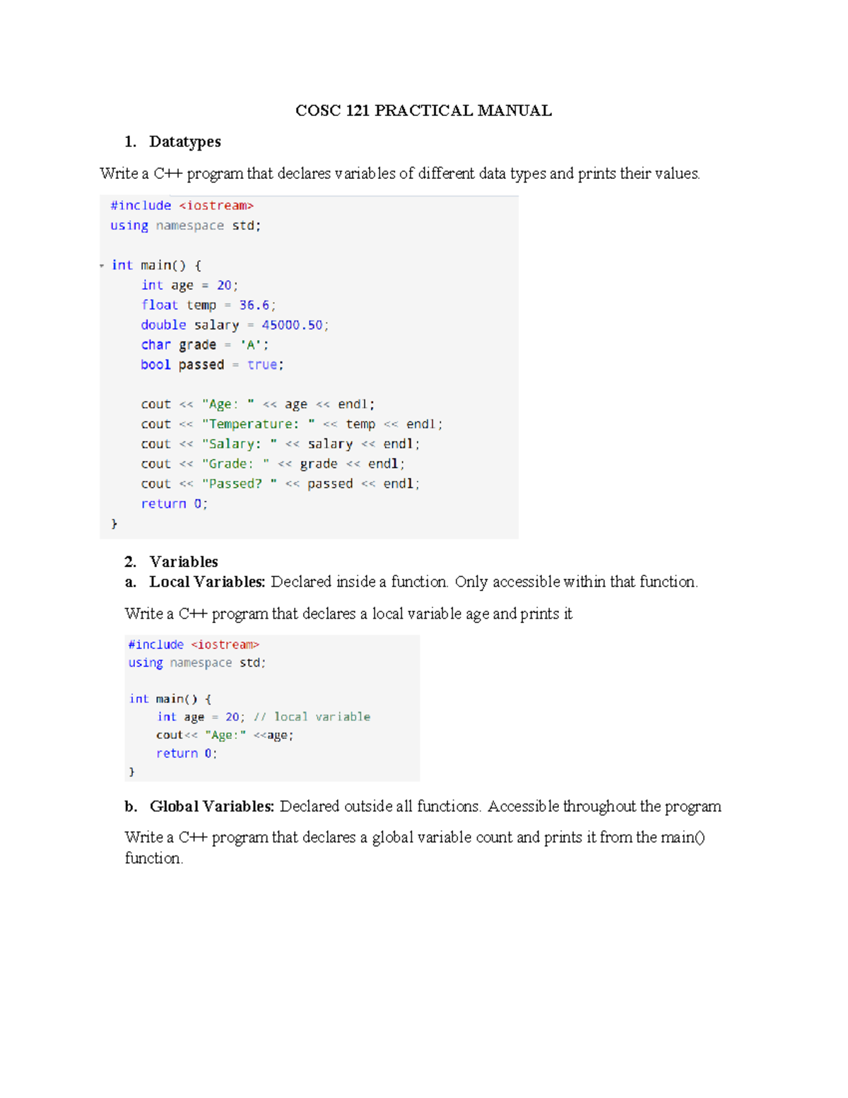 COSC 121 Practical Manual 1: Datatypes & Variables - Studocu