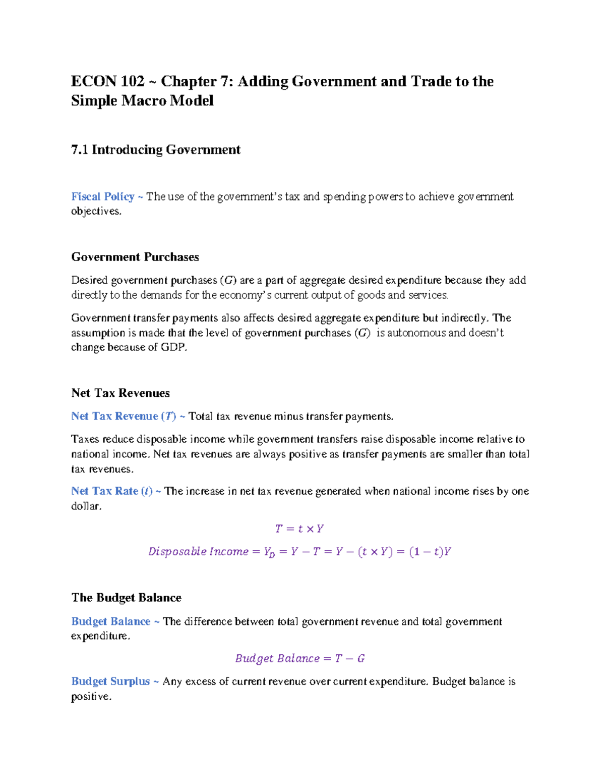 ECON102 - Chapter 7 - ECON 102 ~ Chapter 7: Adding Government and Trade to the Simple Macro ...