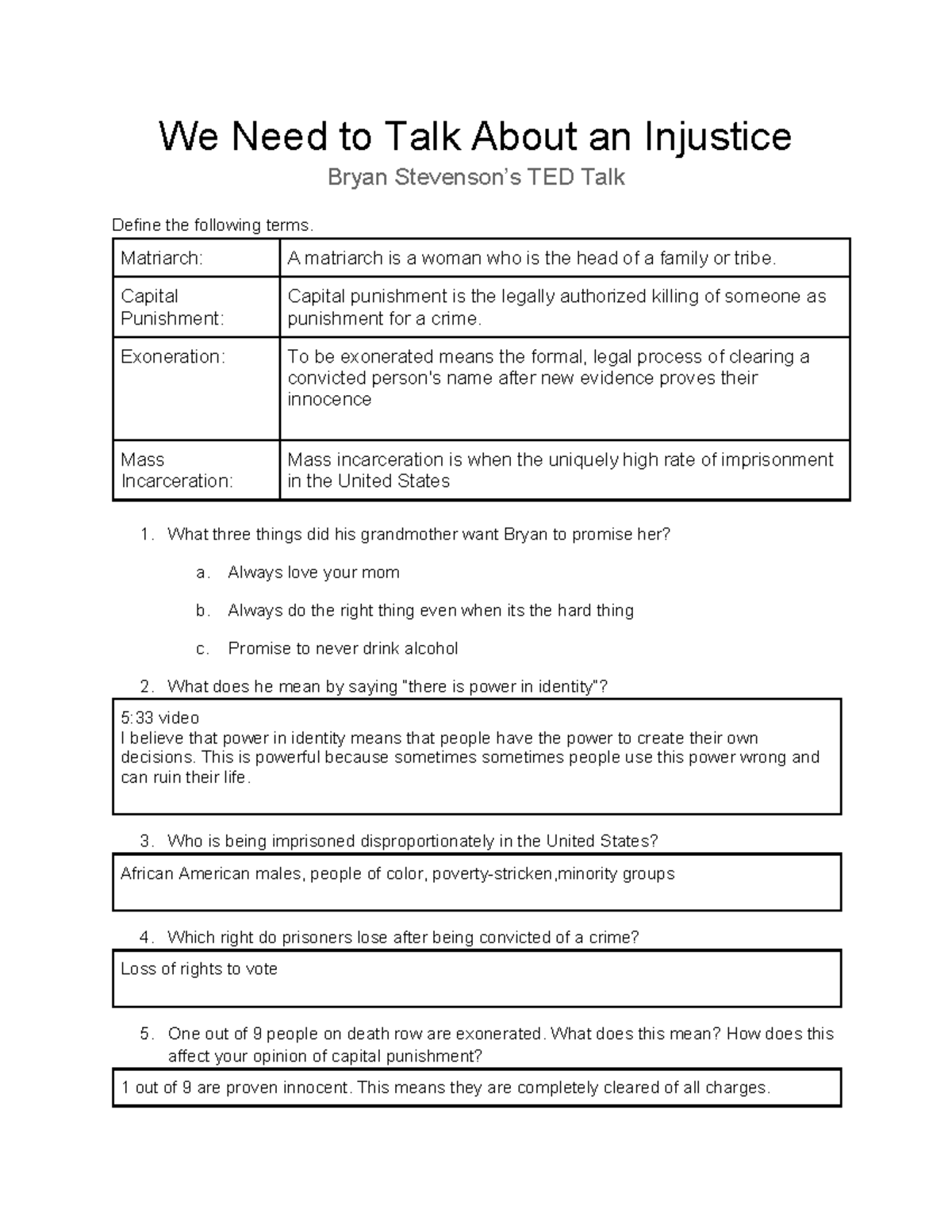 Stevenson TED Talk Worksheet: Exploring Injustice and Identity - Studocu