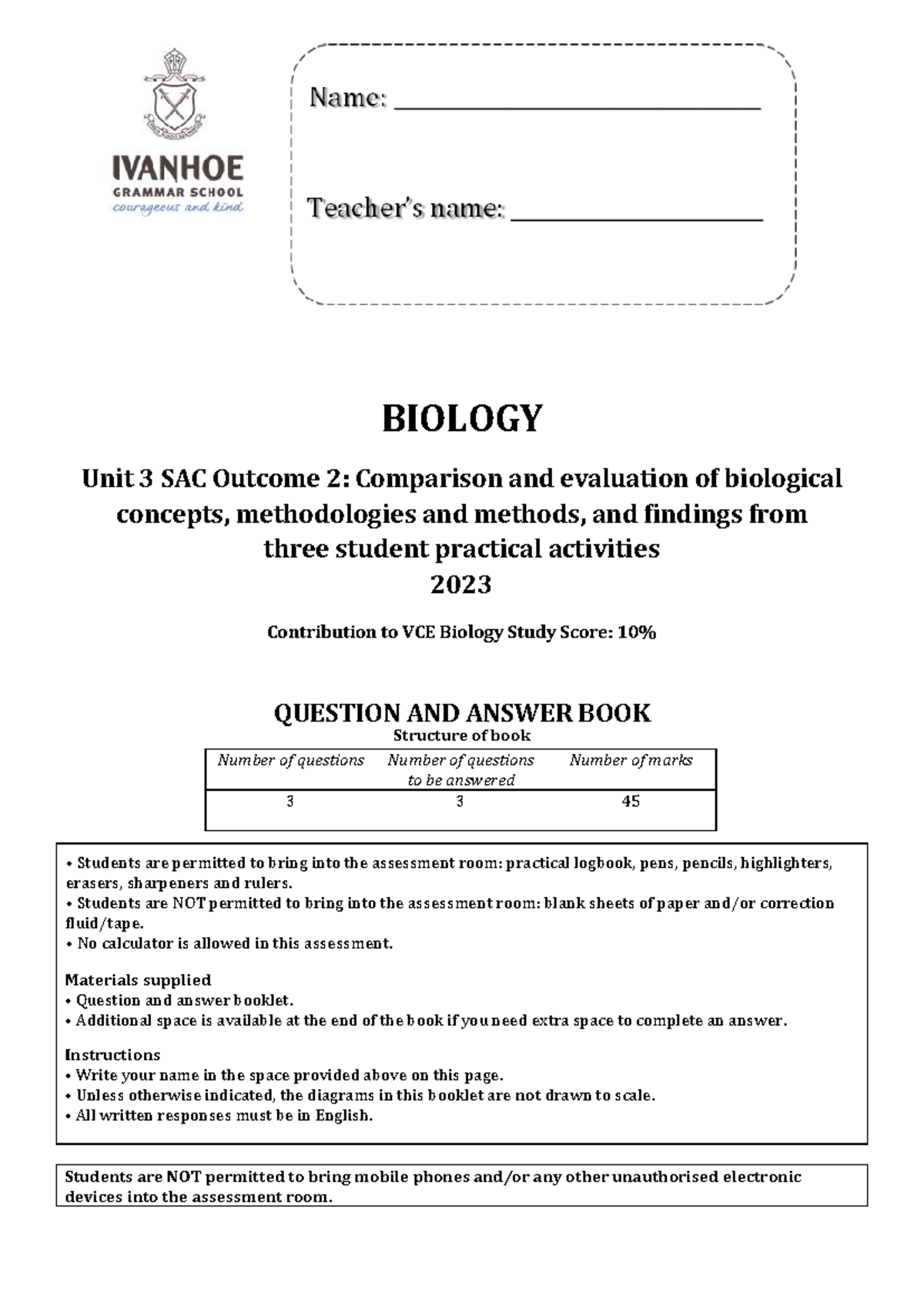 Unit 3 Biology SAC 2 2023 - Q&A on Enzyme Activity & Cellular ...