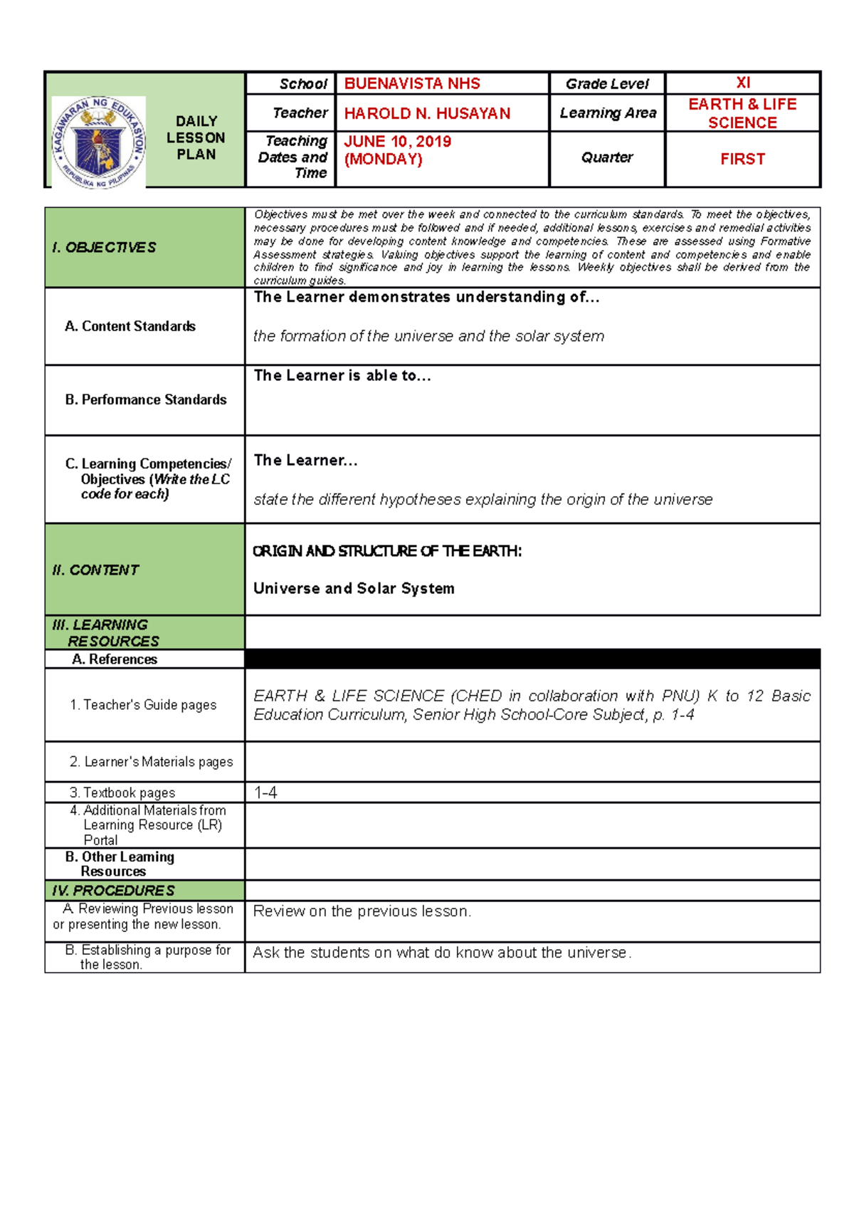 415120433 Daily Lesson Plan for Grade 11 Earth Life Science - DAILY ...