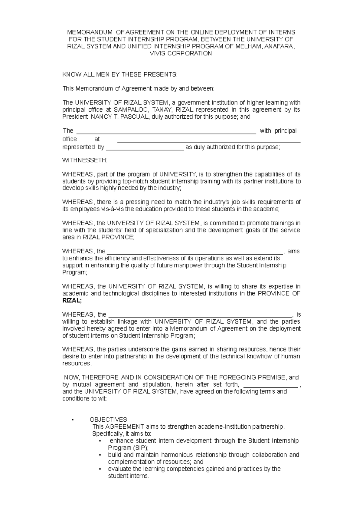 MOA for Online Deployment of Student Interns - URS SIP - Studocu