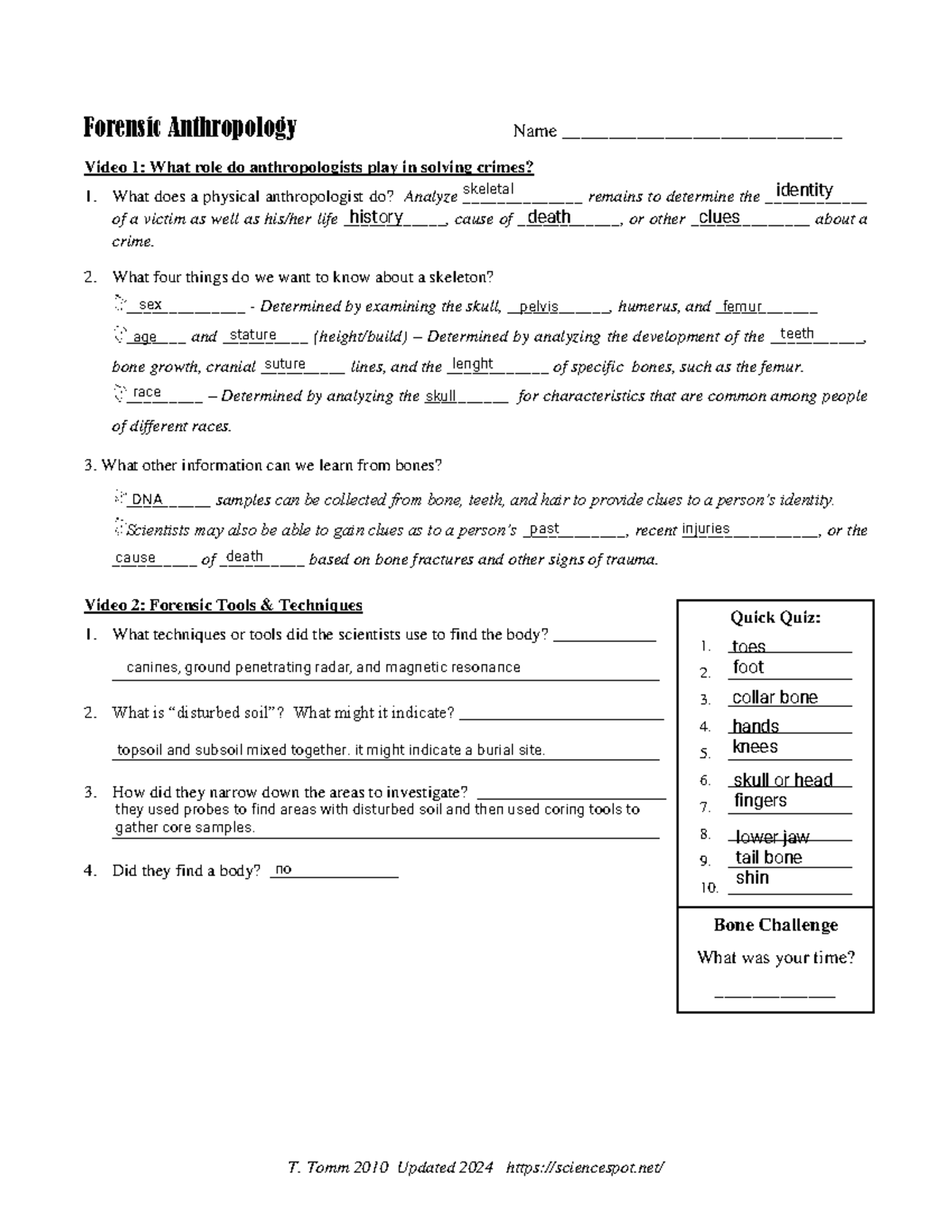 Bone Basics Worksheet - T. Tomm 2010 Updated 2024 sciencespot/ Forensic ...