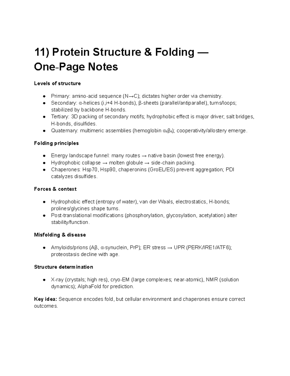 11) Protein Structure & Folding — One‑Page Notes - Google Docs - 11 ...