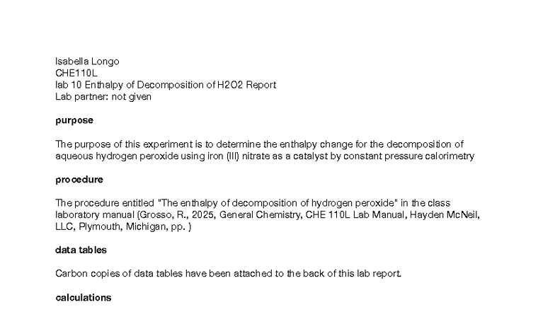 Lab 10 - CHE110L Enthalpy of H2O2 Decomposition Report - Studocu