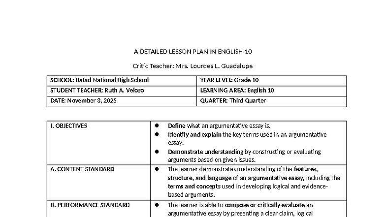 Detailed Lesson Plan: Argumentative Essay in English 10 (DLP Q3 W1 D1 ...