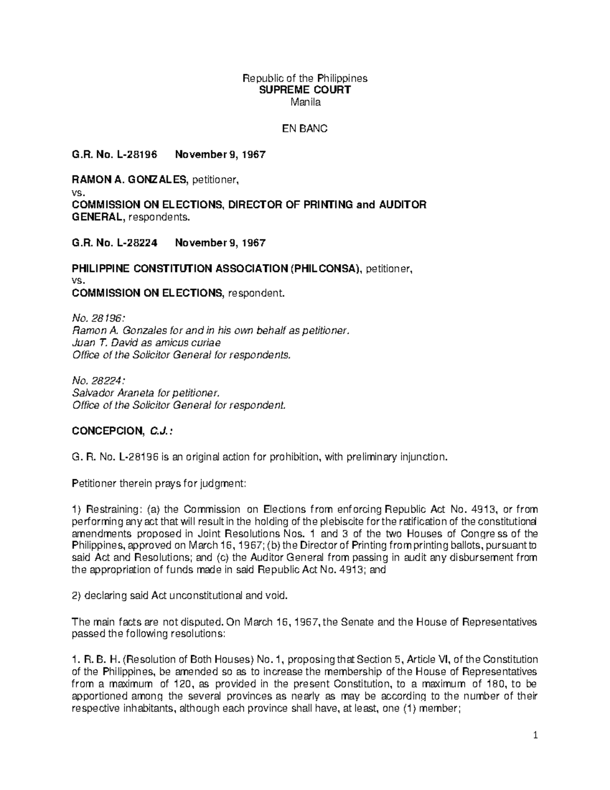 C. (Amendment vs. Revision) Gonzales v. Comelec, G.R. No. L-28196 ...