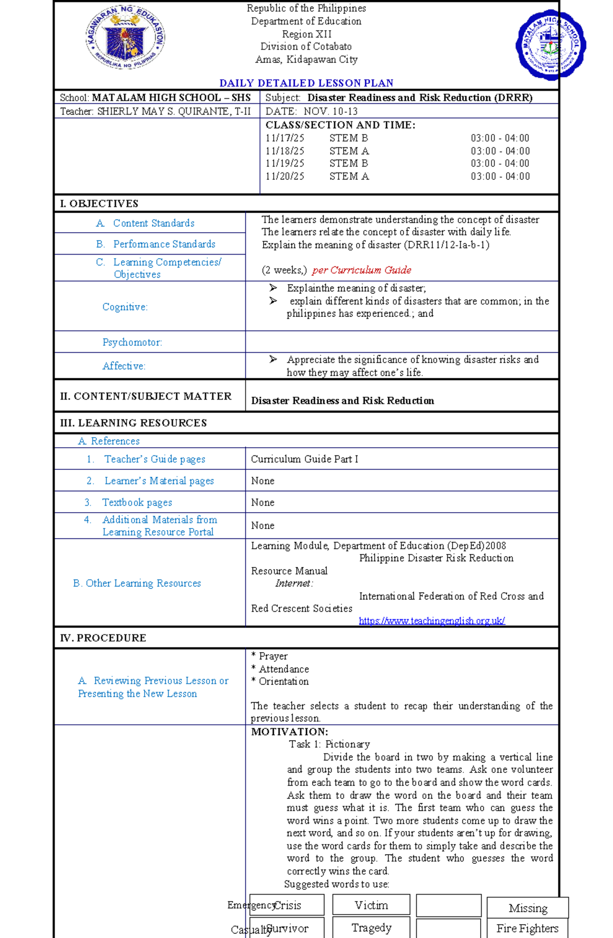 DRRR Lesson Plan (Weeks 1-2) - Matalam HS SHS - Studocu