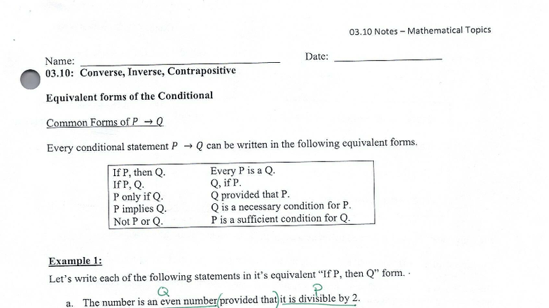 03.10 Notes on Converse, Inverse, and Contrapositive in Math - Studocu