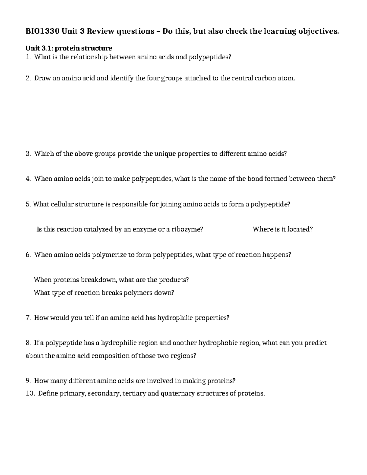 BIO1330 Unit 3 Review: Protein Structure, Enzymes & Functions Questions ...