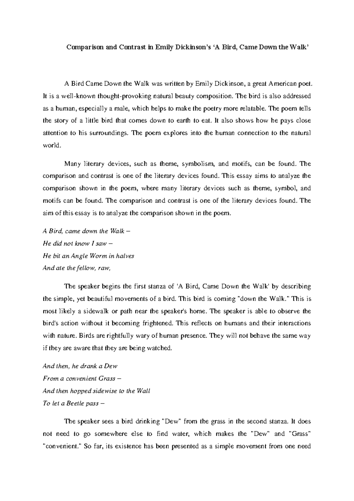 Comparison and Contrast Analysis of Emily Dickinson's 'A Bird, Came ...
