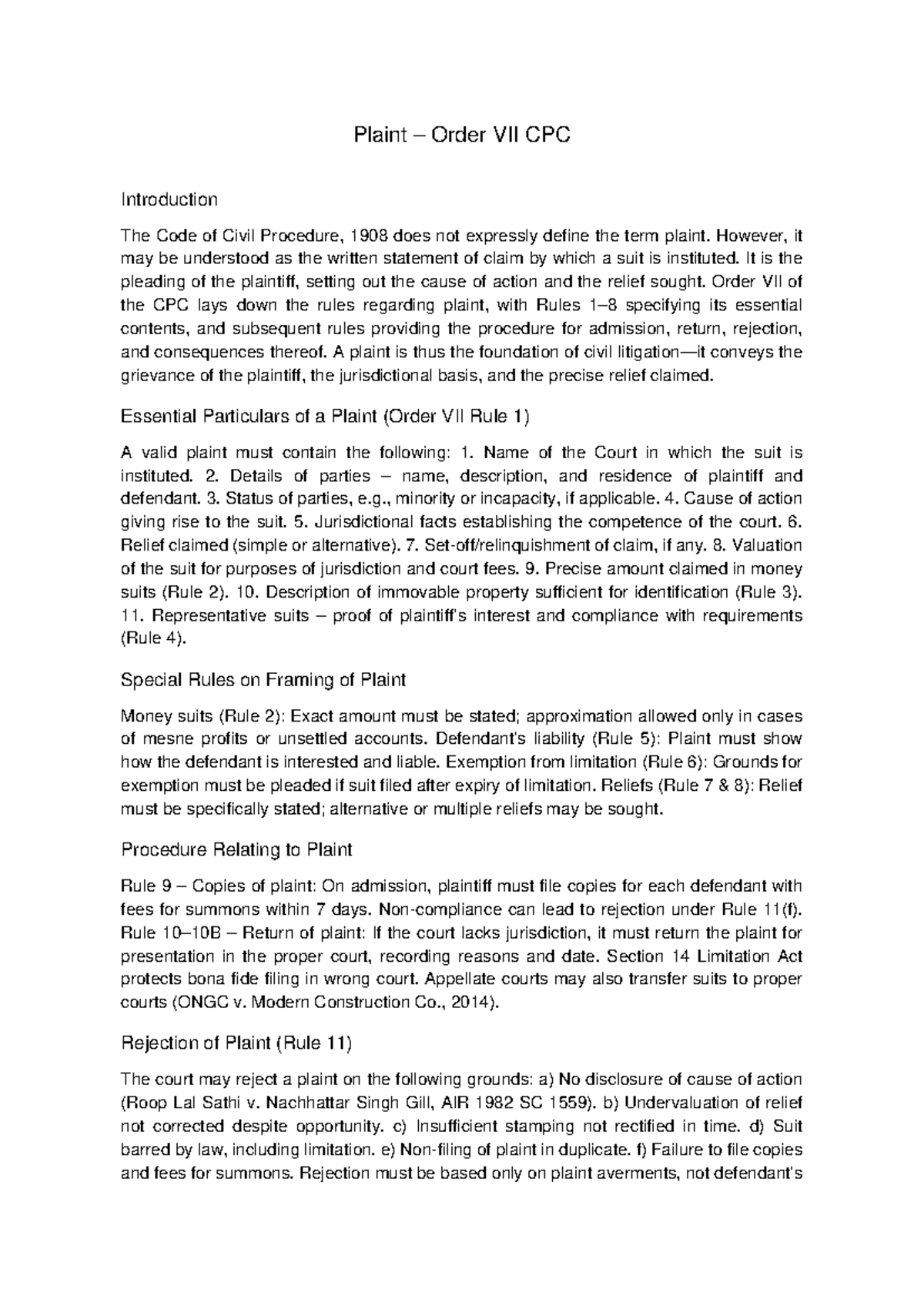 Order VII CPC: Understanding the Essentials of a Plaint - Studocu